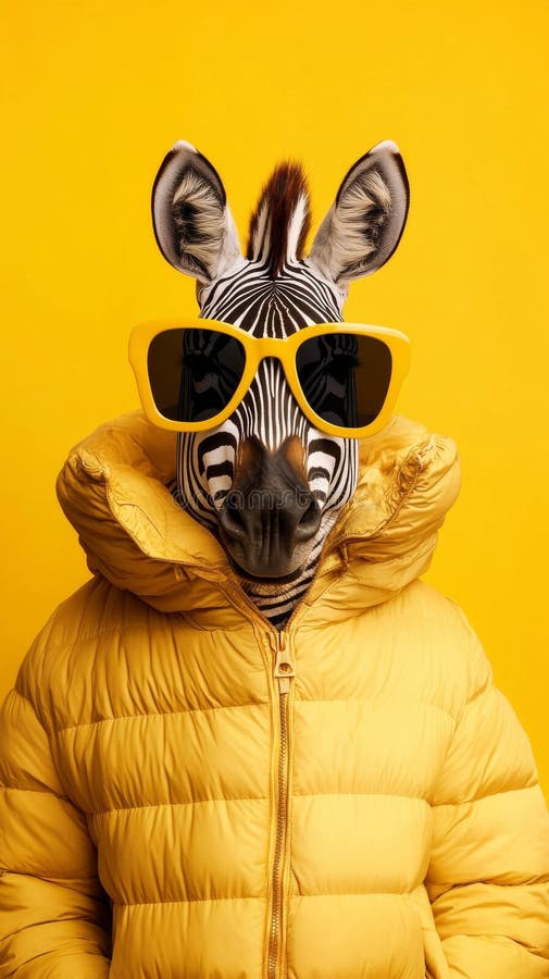 Zebra Wearing Yellow Sunglasses and Puffer Jacket Stock Photo - Image ...