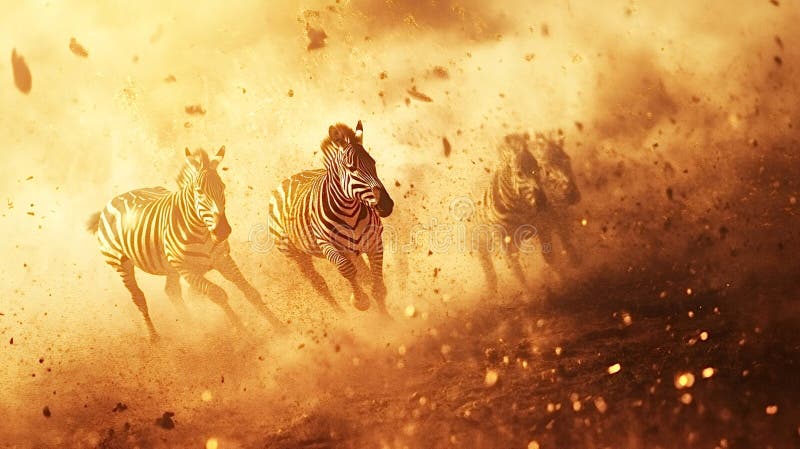 Zebras Running in a Cloud of Dust at Sunset Stock Image - Image of ...
