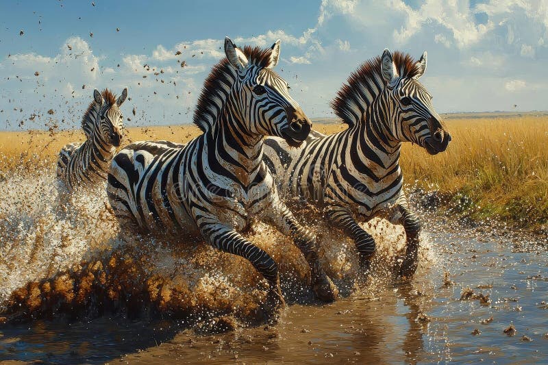Zebras Running through Mud and Water Stock Illustration - Illustration ...