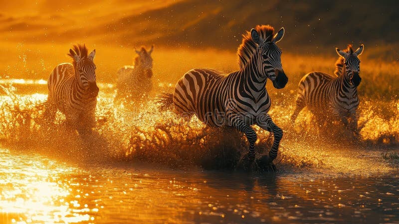 Zebras Running through Water at Sunset Stock Illustration ...