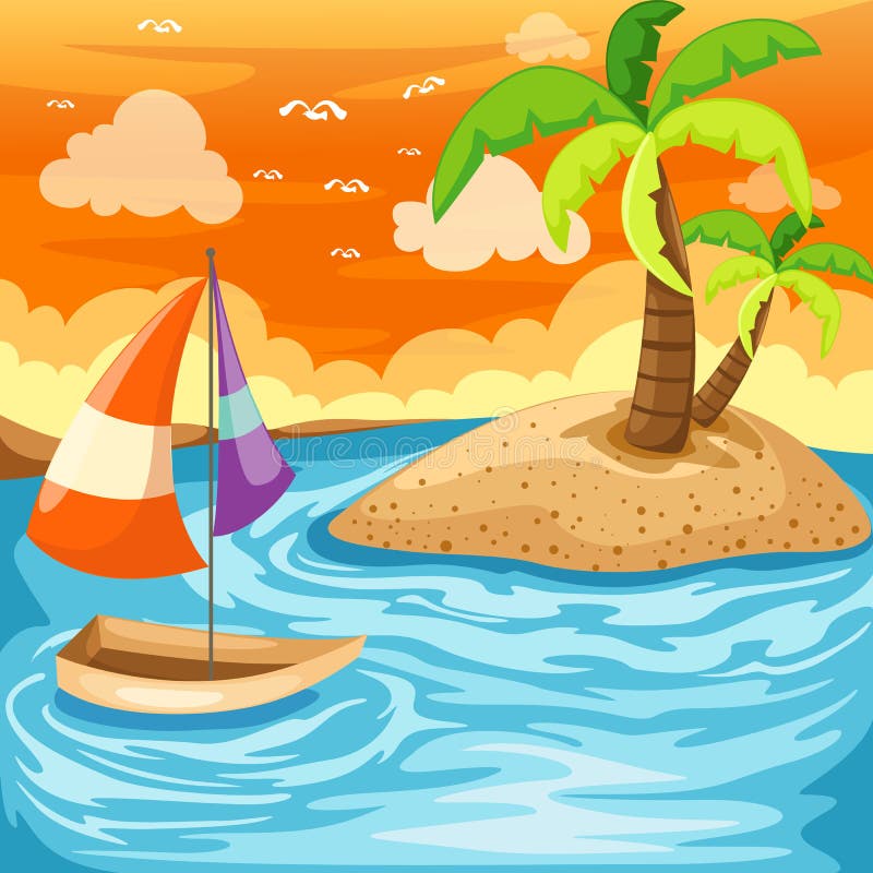 Boot Op Zee Golven, Zon, Hemel En Wolk Vector Illustratie ...