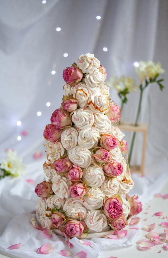 Zefir Croquembouche with Pink Roses Stock Image - Image of french ...