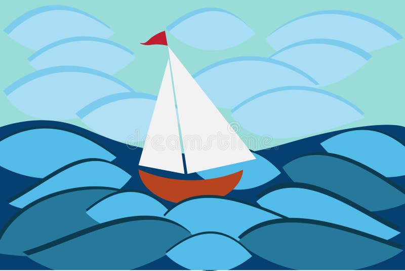 Boot Op Zee Golven, Zon, Hemel En Wolk Vector Illustratie ...