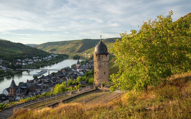 Zell with Moselle River, Germany Stock Image - Image of clouds, stream ...