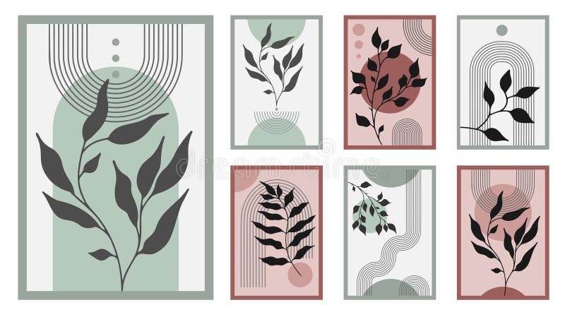 Zen Arch Poster Set with Botanical Element, Simple Line Arch Shapes ...