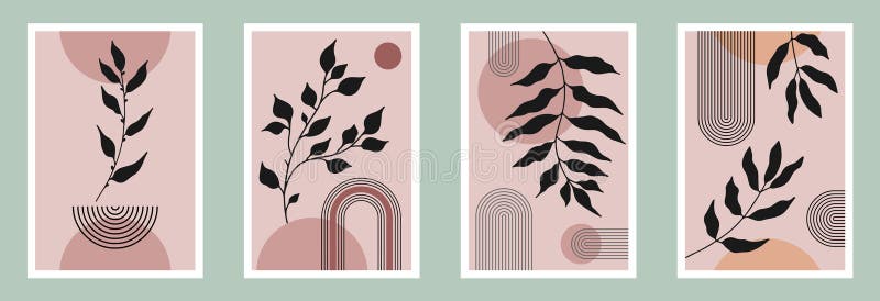 Zen Arch Poster Set with Botanical Element, Simple Line Arch Shapes ...