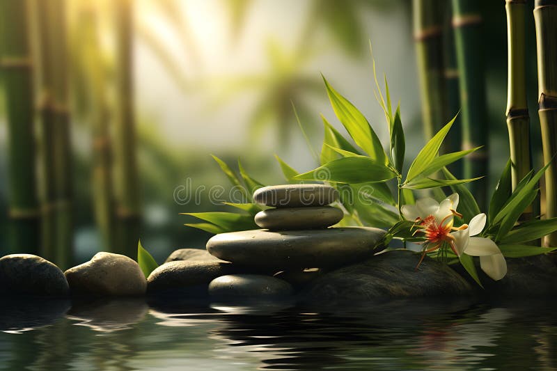 Zen Basalt Stones with Bamboo and Flower on Water, Nature Background ...
