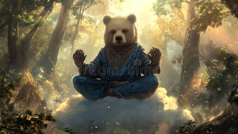 Zen Bear Meditating in Magical Forest on Cloud Stock Photo - Image of ...