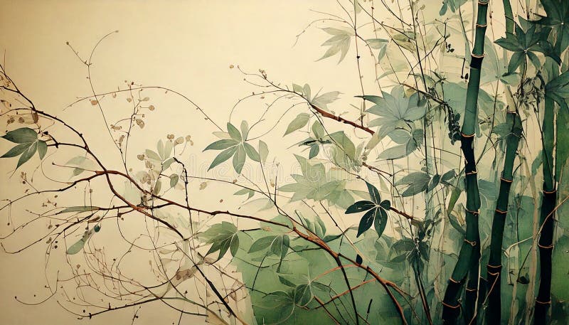 Zen Botanical Illustration in Sumi-e Style with Bamboo and Lotus Stock ...