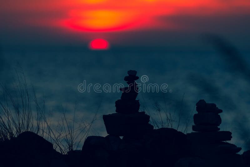 Zen Concept. the Object of the Stones on the Rock at Sunset Stock Image ...
