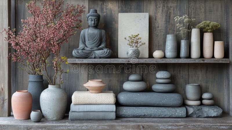 Zen Decor and Statues on Shelf Stock Illustration - Illustration of ...