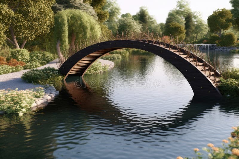 Zen Garden Bridge Arching Over Calm Water Stock Illustration ...