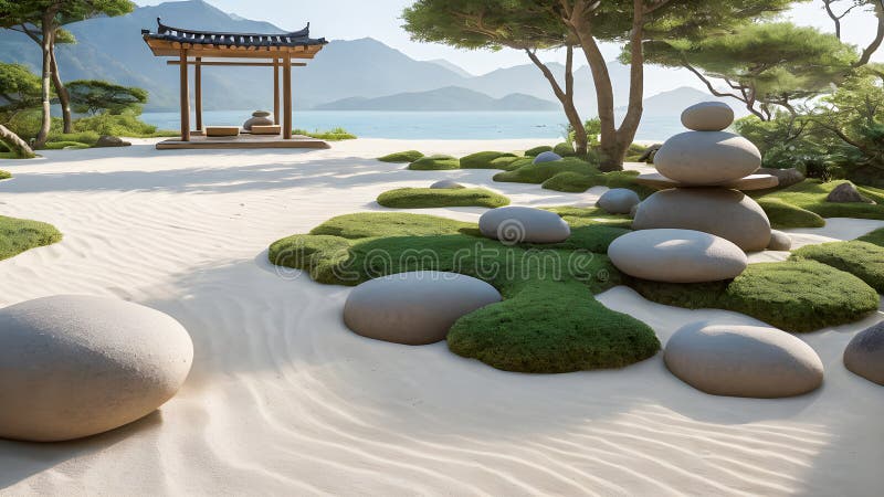 Zen Garden with Chinese Pavilion Stock Illustration - Illustration of ...
