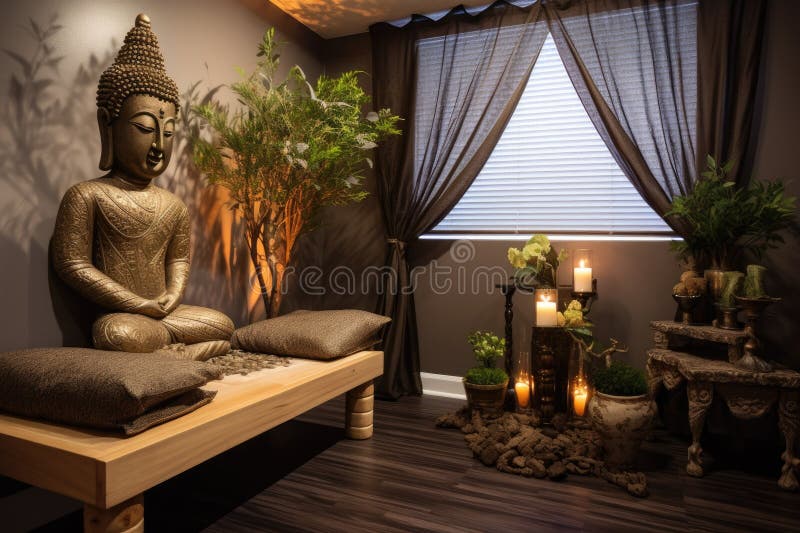Zen Garden Corner with Buddha Statue in Yoga Studio Stock Illustration ...