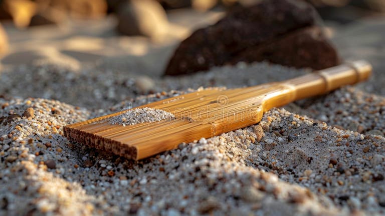 Zen Garden Decor, a Tiny Bamboo Rake Rests on Sandy Ground in a Zen ...