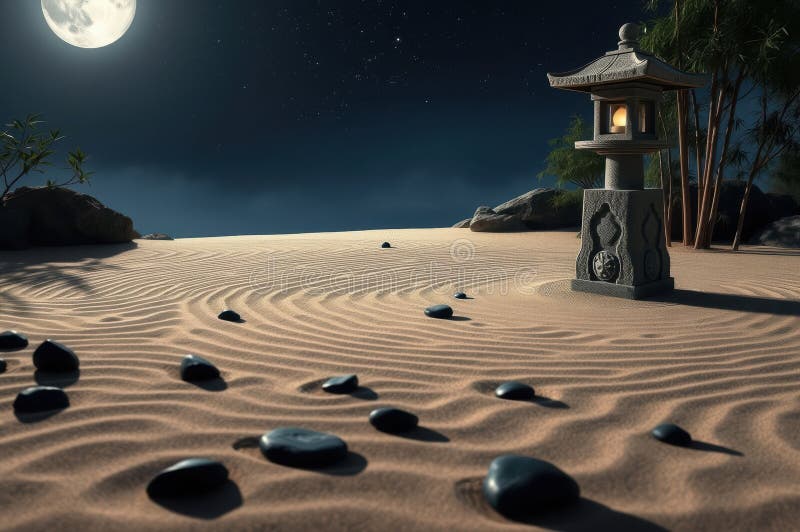 Zen Garden at Night with Illuminated Stone Lantern Stock Illustration ...