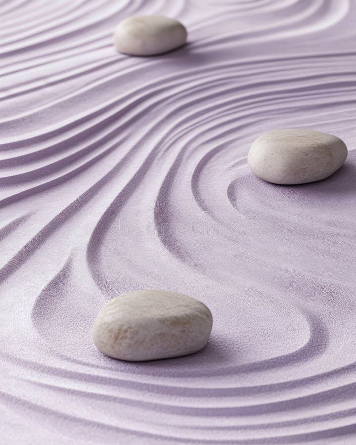Zen Garden Patterns with Smooth Stones on Lavender Background Stock ...