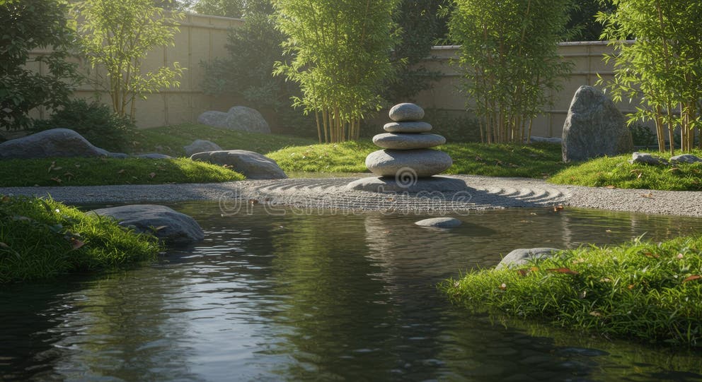 Zen Garden Reflection with Stone Stack and Bamboo Tranquility Stock ...