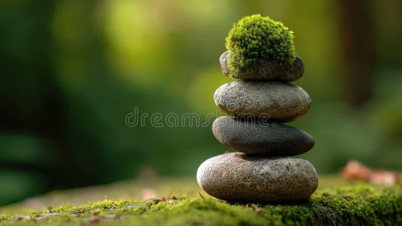 Zen Garden Rock Stack with Moss in Tranquil Natural Setting Stock ...