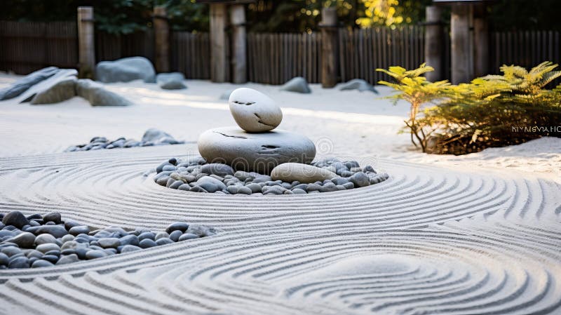 A Zen Garden with Sand Patterns Symbolizing Tranquility Stock ...