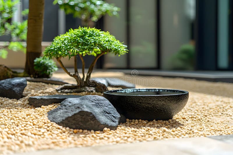 A Zen Garden with a Small Tree and a Black Bowl Filled with Water ...