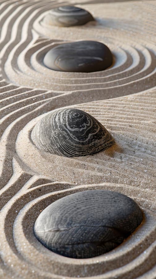 Zen Garden with Smooth Black Stones and Sand Patterns, Close-up View ...