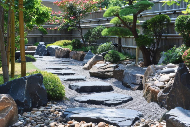 Zen Garden with Smooth Pebble Stream Running through, Complemented by ...