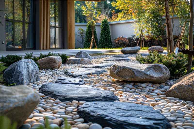 Zen Garden with Smooth Pebble Stream Running through, Complemented by ...