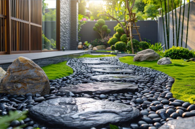 Zen Garden with Smooth Pebble Stream Running through, Complemented by ...