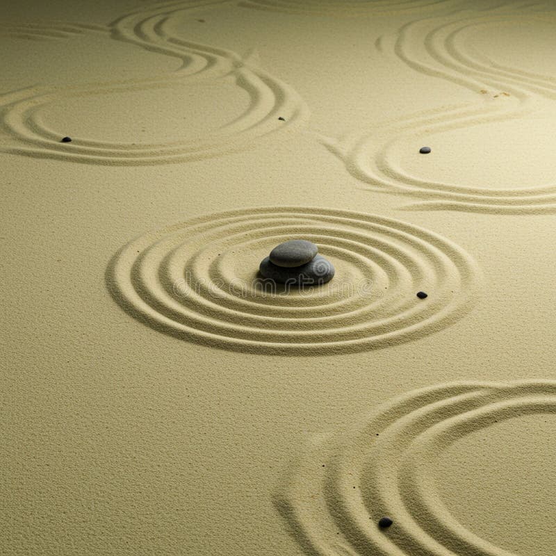 Zen Garden with Smooth Sand and Concentric Patterns Surrounding Several ...
