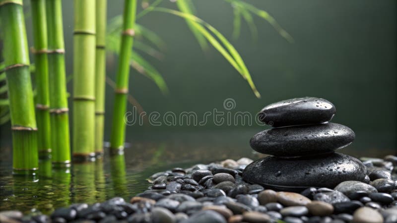 Zen Garden Stacked Stones, Bamboo, Water Reflection Stock Illustration ...