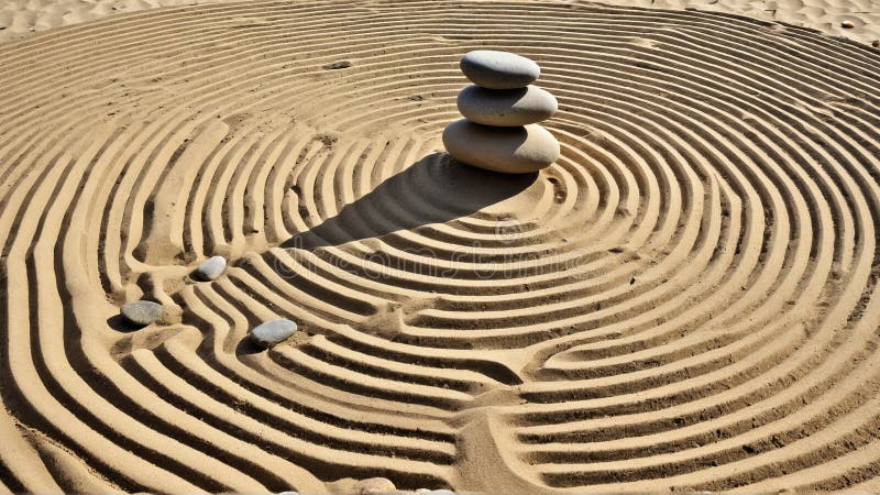 Zen Garden with Stacked Stones in Sand Spiral Stock Image - Image of ...