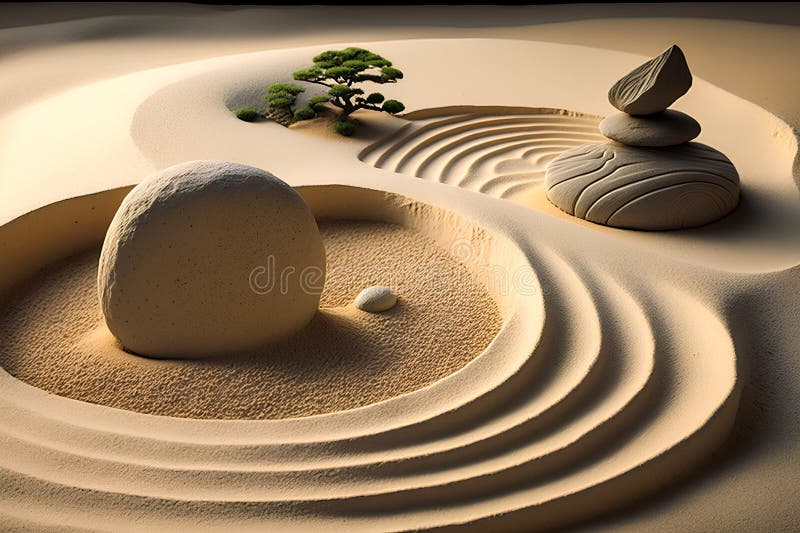 Zen Garden with Zen Stone and Bonsai in the Sand Stock Illustration ...