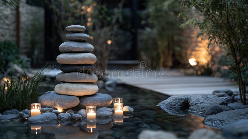Zen Garden Stone Stack with Candles, Tranquil Water Feature, Lush ...