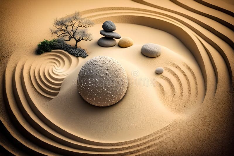 Zen Garden with Stone and Tree in the Desert. 3d Render Stock ...
