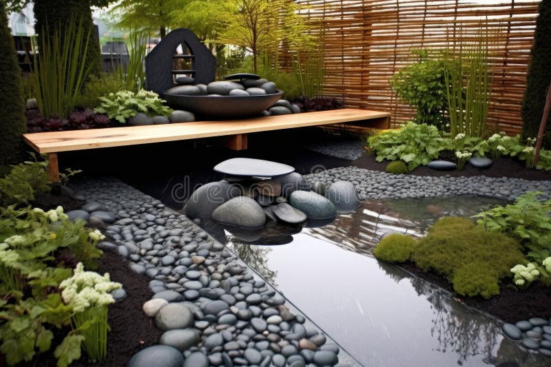 Zen Garden with Water Feature and Pebble Stones Stock Illustration ...