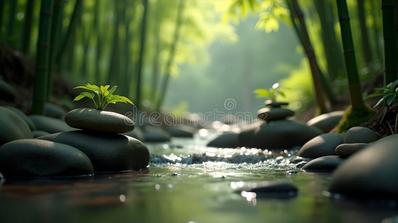 Zen Harmony, Stones, Stream, and Bamboo Forest Stock Illustration ...