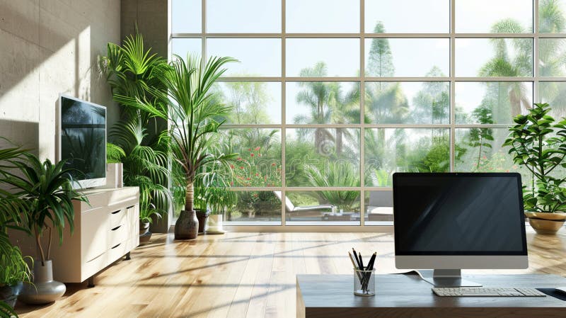 Zen Home Office with Computer in a Beautiful, Spacious Living Room ...