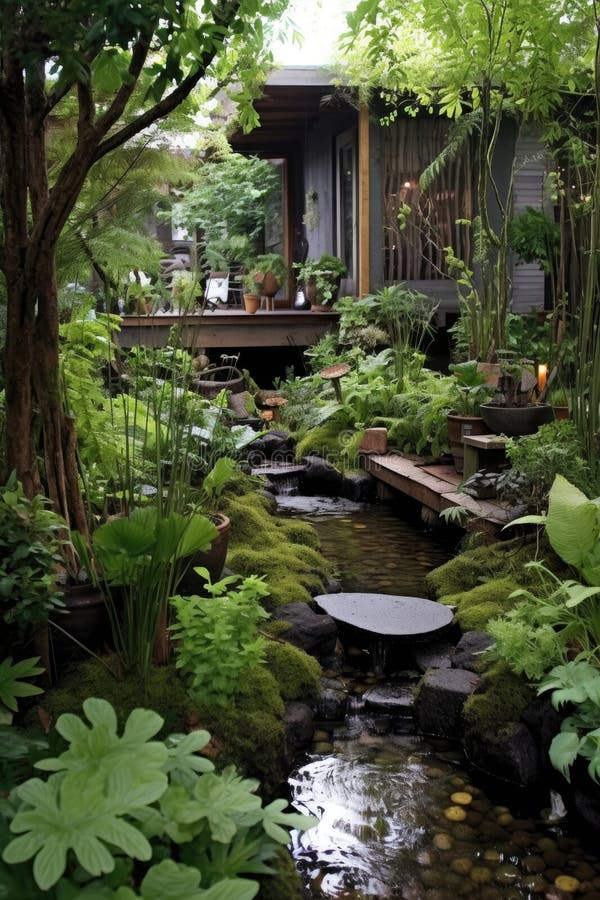 Zen-inspired Backyard Garden with Water Feature Stock Photo - Image of ...