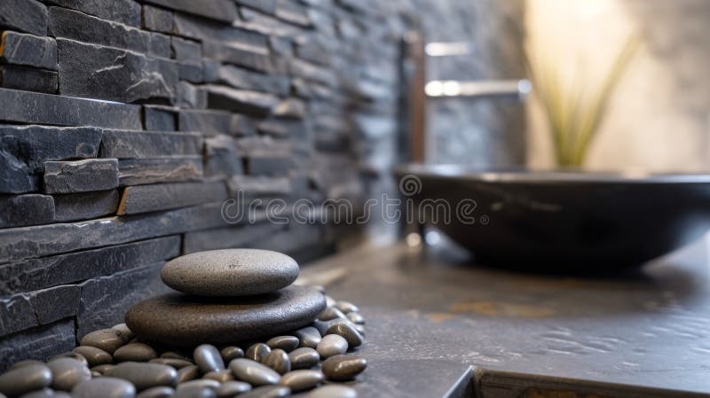 Zen-Inspired Bathroom with Natural Stone Elements Stock Image - Image ...