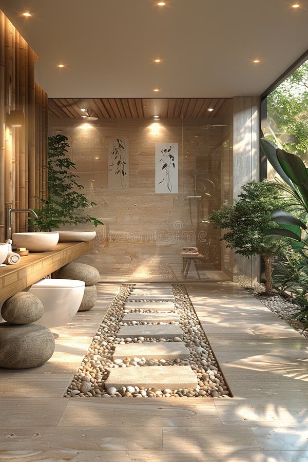 Zen-inspired Bathroom with a Pebble Floor and Bamboo Accents3D Render ...