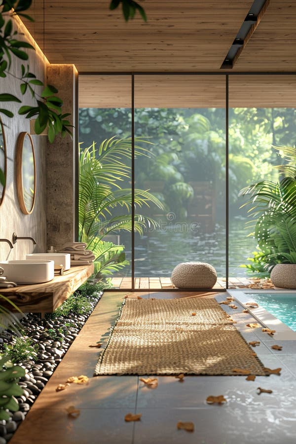 Zen-inspired Bathroom with a Pebble Floor and Bamboo Accents3D Render ...