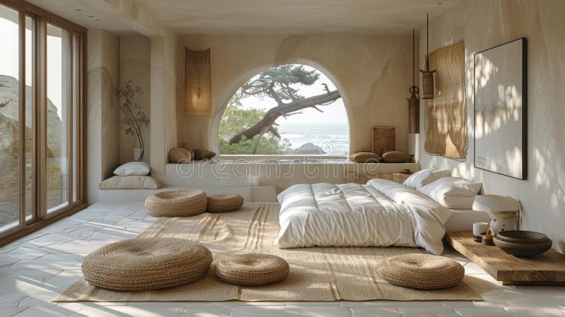 Zen-inspired Bedroom Interior with Ocean View - Generative Ai Stock ...