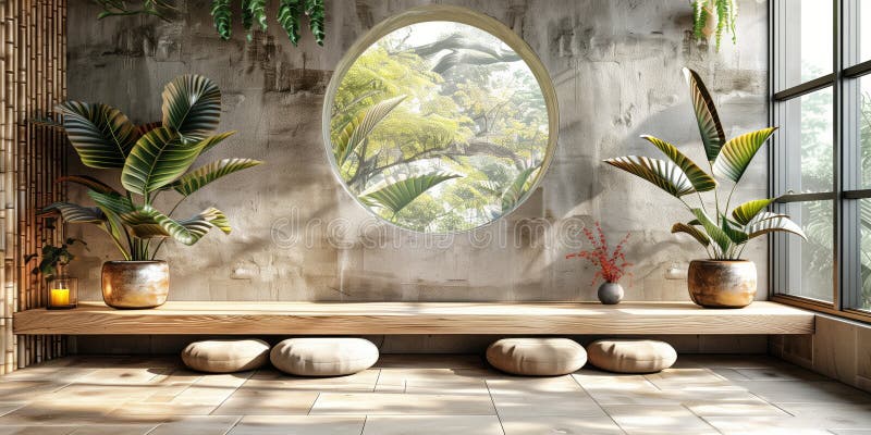 Zen-inspired Minimalist Interior with Large Plants and a Round Window ...