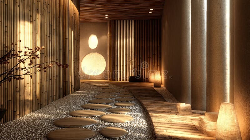 Zen-inspired Room with Bamboo Walls, Pebbles, and Warm Lighting. Stock ...