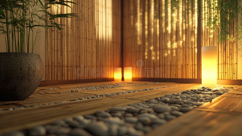 Zen-inspired Room with Bamboo Walls, Pebbles, and Warm Lighting. Stock ...