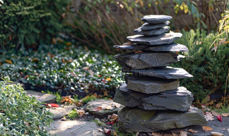 Zen-like Stacking of Slate Stones in a Japanese Garden Stock Photo ...