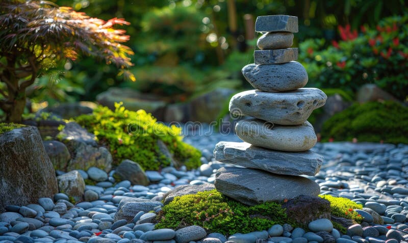 Zen-like Stacking of Slate Stones in a Japanese Garden Stock Photo ...