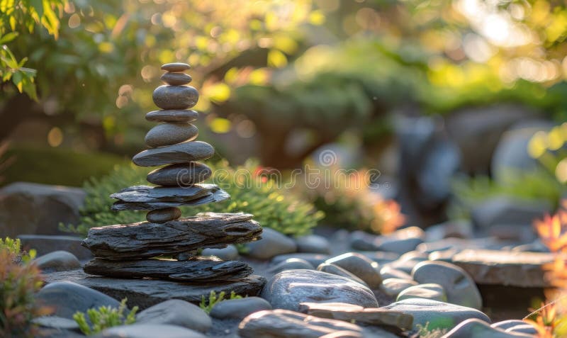 Zen-like Stacking of Slate Stones in a Japanese Garden Stock Photo ...