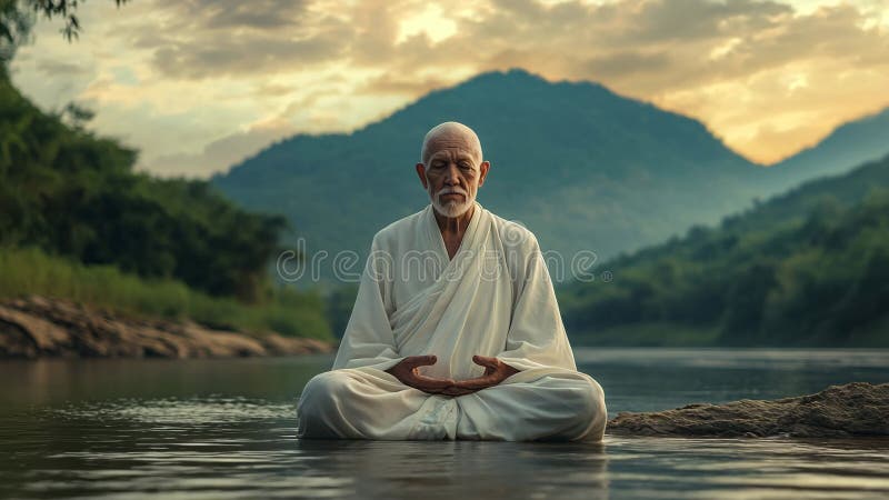 Zen Master Meditating Serene River Tranquil Mindfulness Stock Video ...